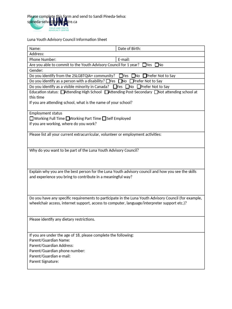 Luna Youth Advisory Council Form | PDF