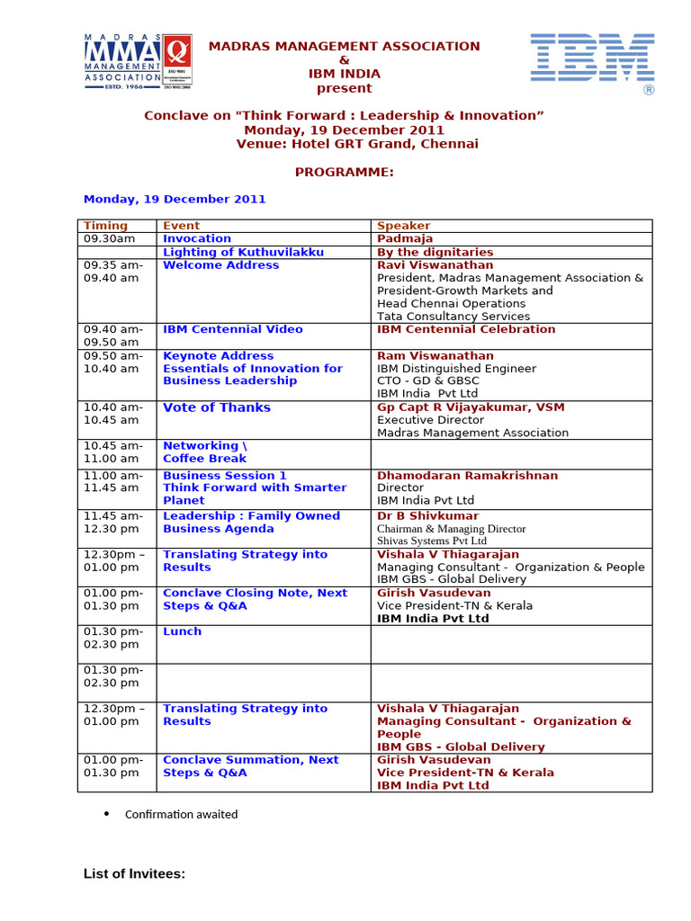 IBM-MMA Conclave Schedule - 09 Dec 11 | PDF