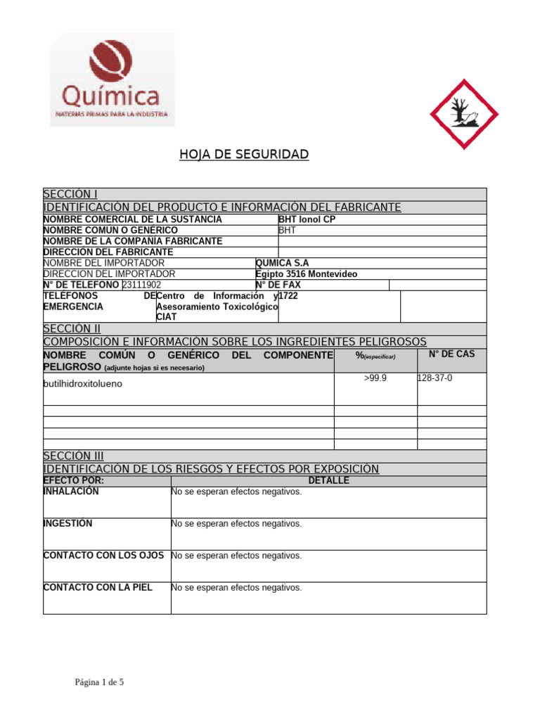 HOJA DE SEGURIDAD BHT Ionol CP | PDF | Agua | Primeros auxilios