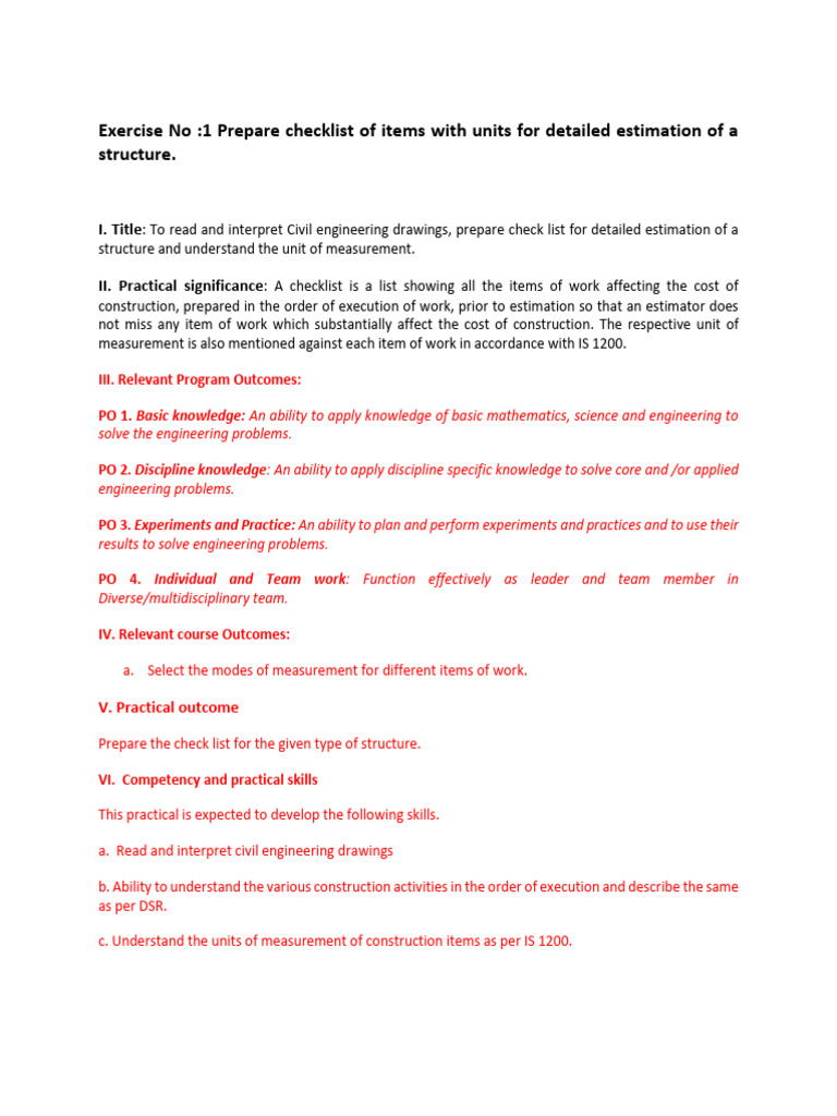 Practical - 1 Prepare Checklist of Items With Units For Detailed Estimation of A Structure ...