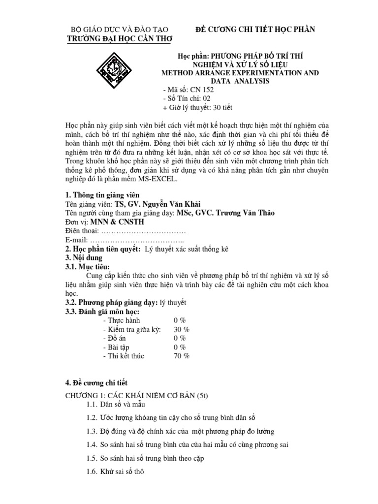 (123doc) de Cuong Chi Tiet Hoc Phan Phuong Phap Bo Tri Thi Nghiem Va Xu Ly So Lieu | PDF