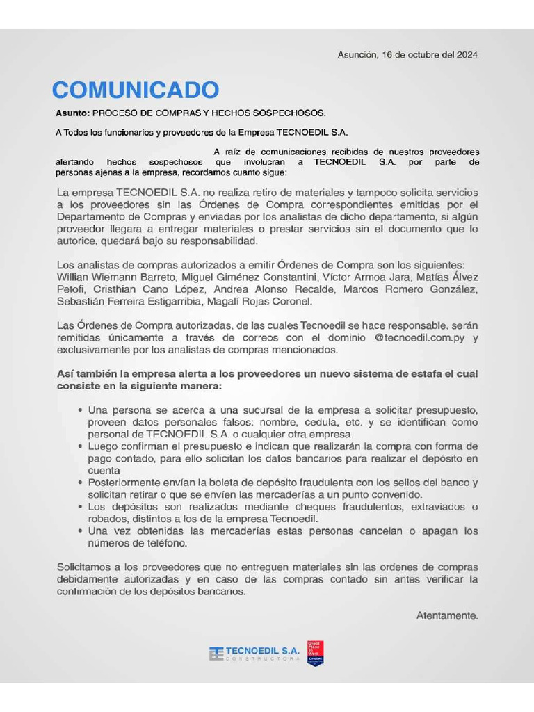 Comunicado TE - Caso Estafa A Proveedores | PDF