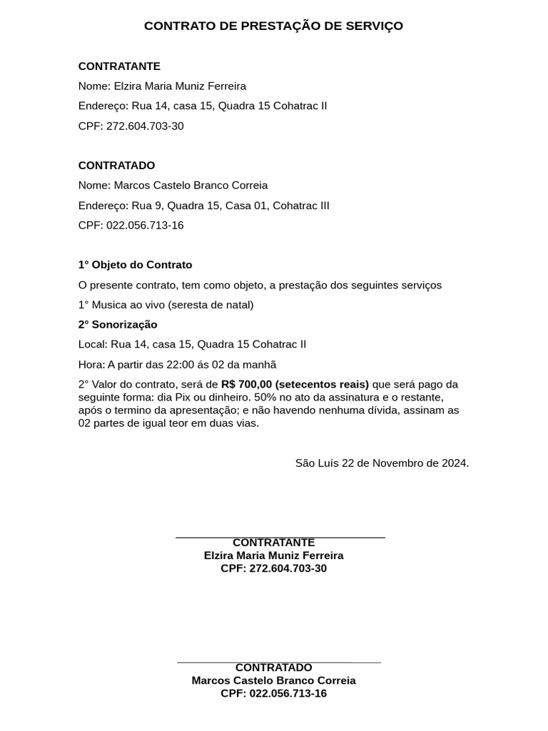 Contrato de Serviço de Música ao Vivo | PDF