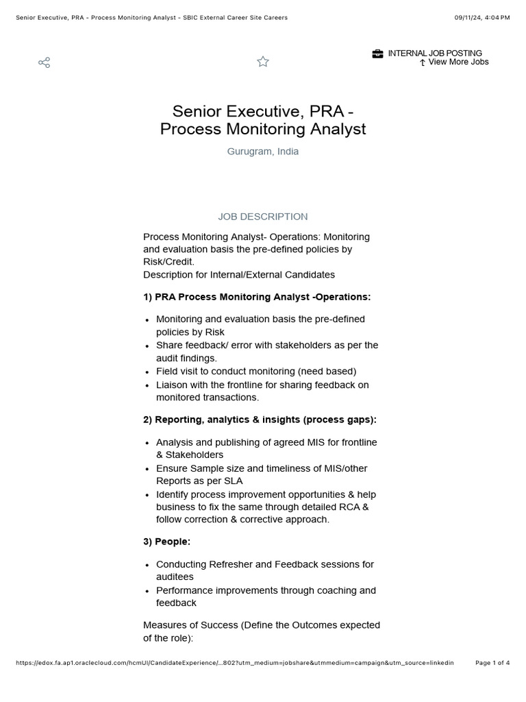 Senior Executive, PRA - Process Monitoring Analyst - SBIC | PDF | Audit | Risk