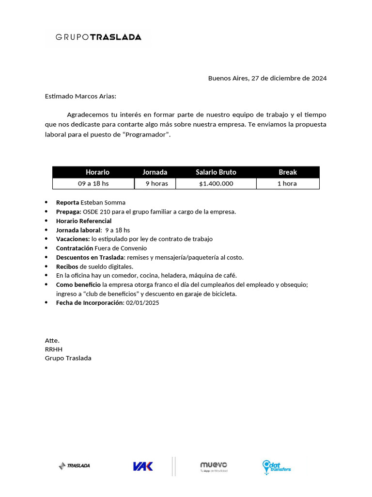 Modelo de Carta Oferta Laboral | PDF
