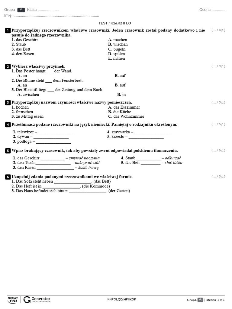 TEST - K1&K2 II LO Test (Z Widoczną Punktacją) | PDF