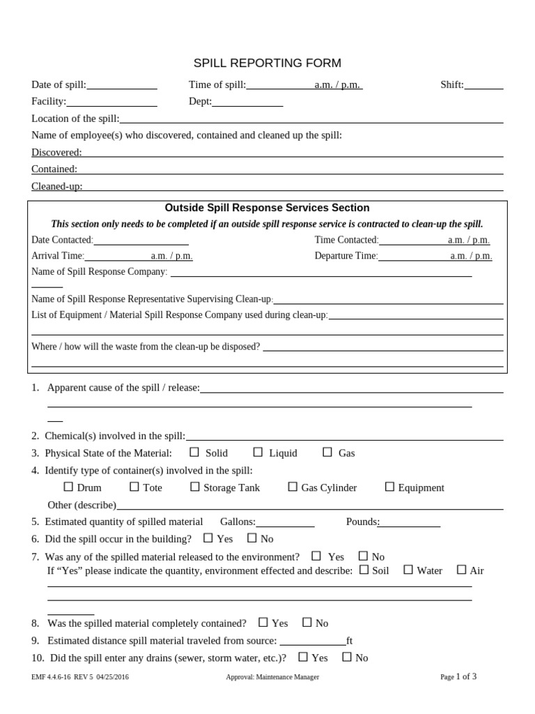 EMF 4.4.6-16 Spill Report Form | PDF | Waste