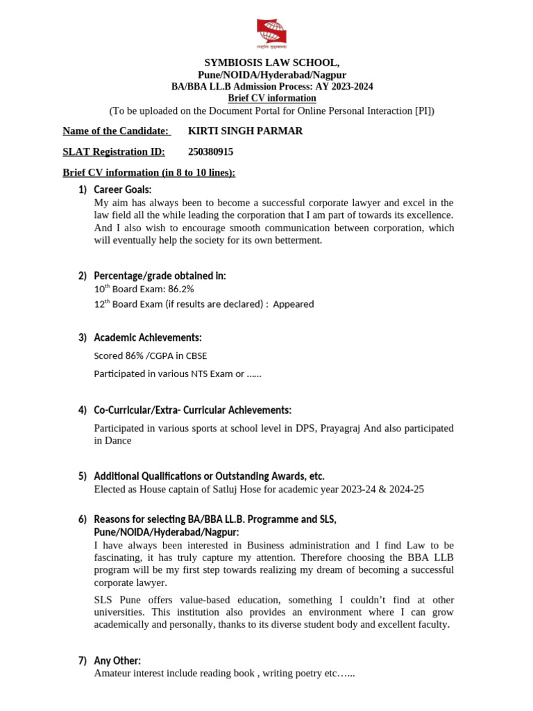 Brief CV for BA-BBA LL.B (Hons) 2-----1 | PDF