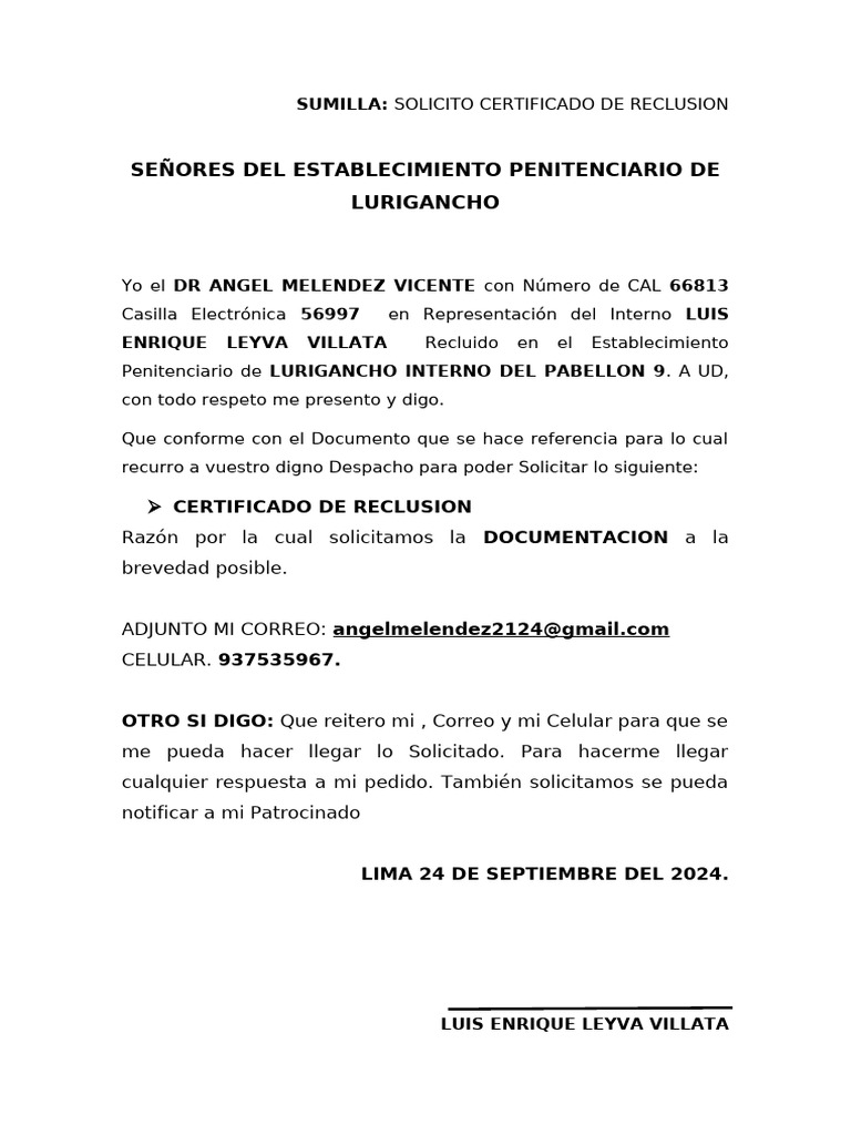 Solicitud de Certificado de Reclusión | PDF