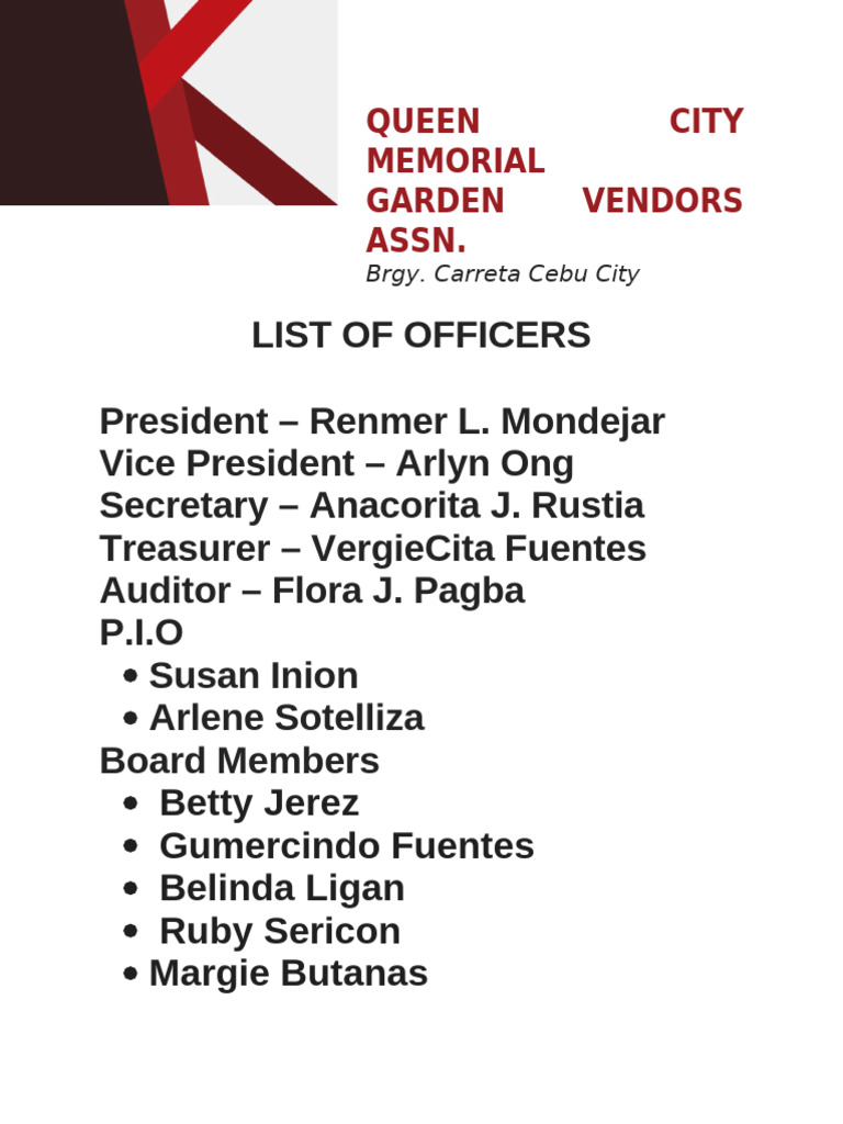 Queen City Memorial Garden Officers List | PDF