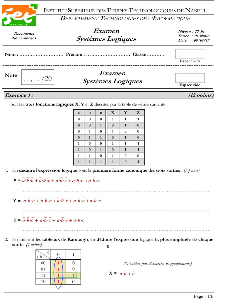 Examen Systèmes Logiques ISET (2018-2019) - Correction | PDF