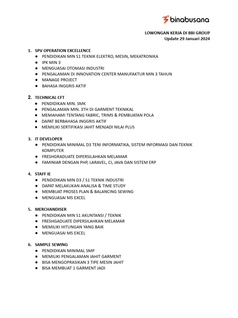 Lowongan Kerja Di Bbi Group | PDF