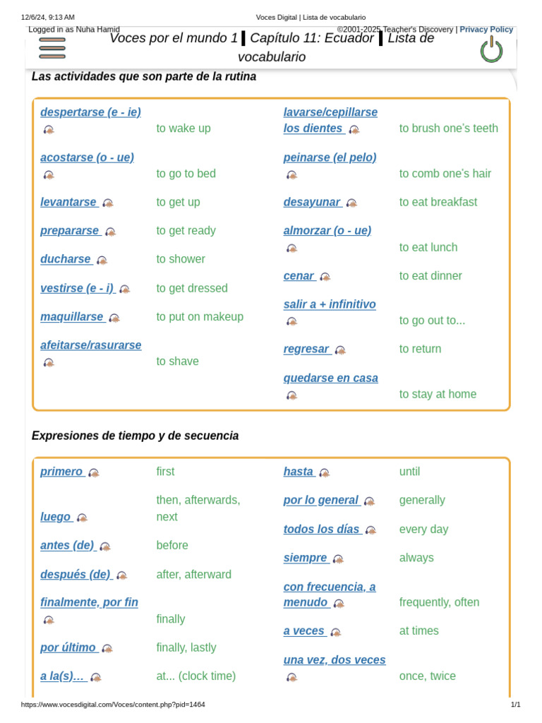 Rutina Diaria: Vocabulario Esencial | PDF