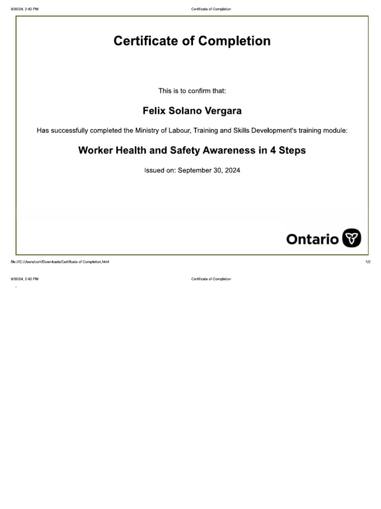 Whmis Certificate of Completion | PDF