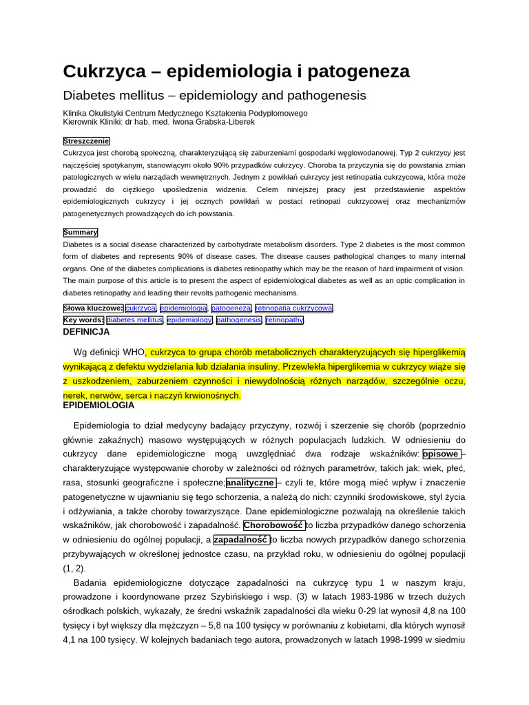 Cukrzyca - Epidemiologia I Patogeneza | PDF