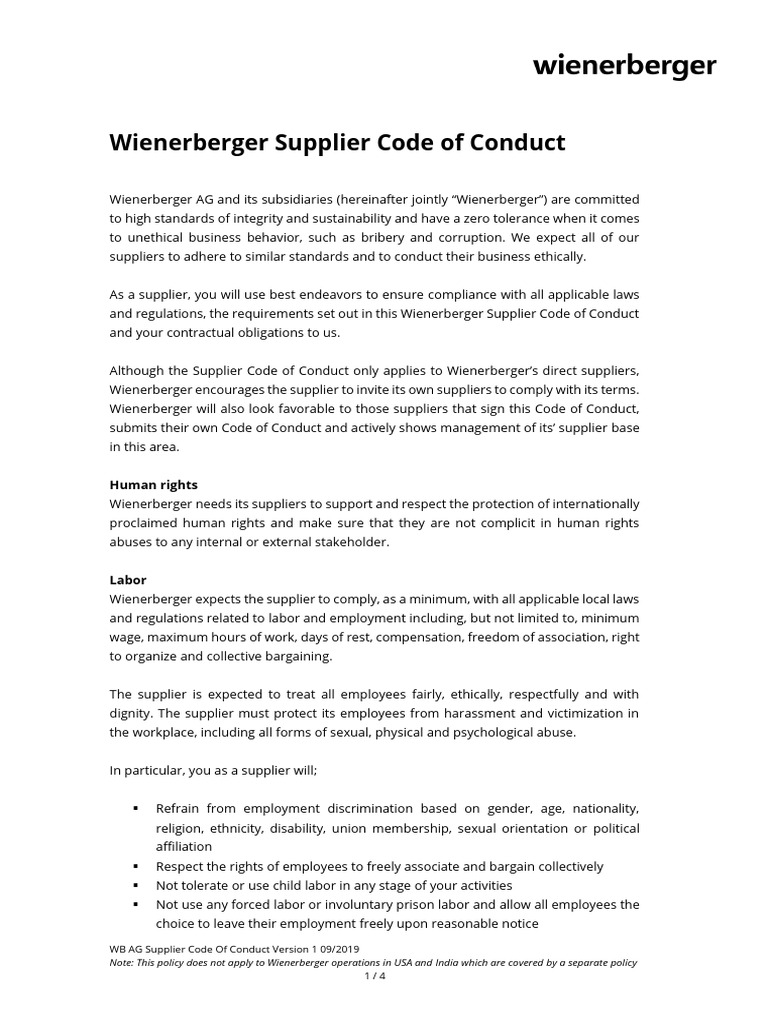 Wienerberger Supplier Code of Conduct | PDF | Employment | Regulatory ...