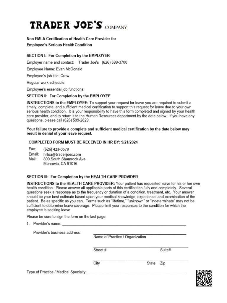 Certification For Employee Health Condition - Non FMLA | PDF | Patient ...