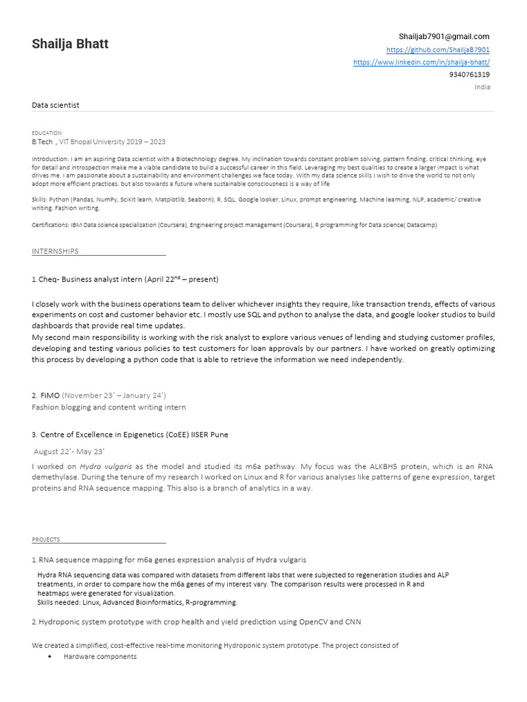 Shailja Bhatt Resume Nov2024 | PDF | Data Science | Data