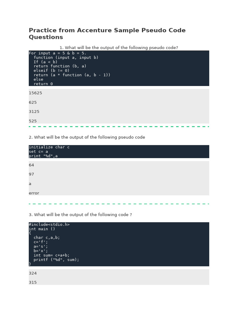 Accenture Sample Pseudo Code Questions Pdf Integer Computer Science Computer Engineering
