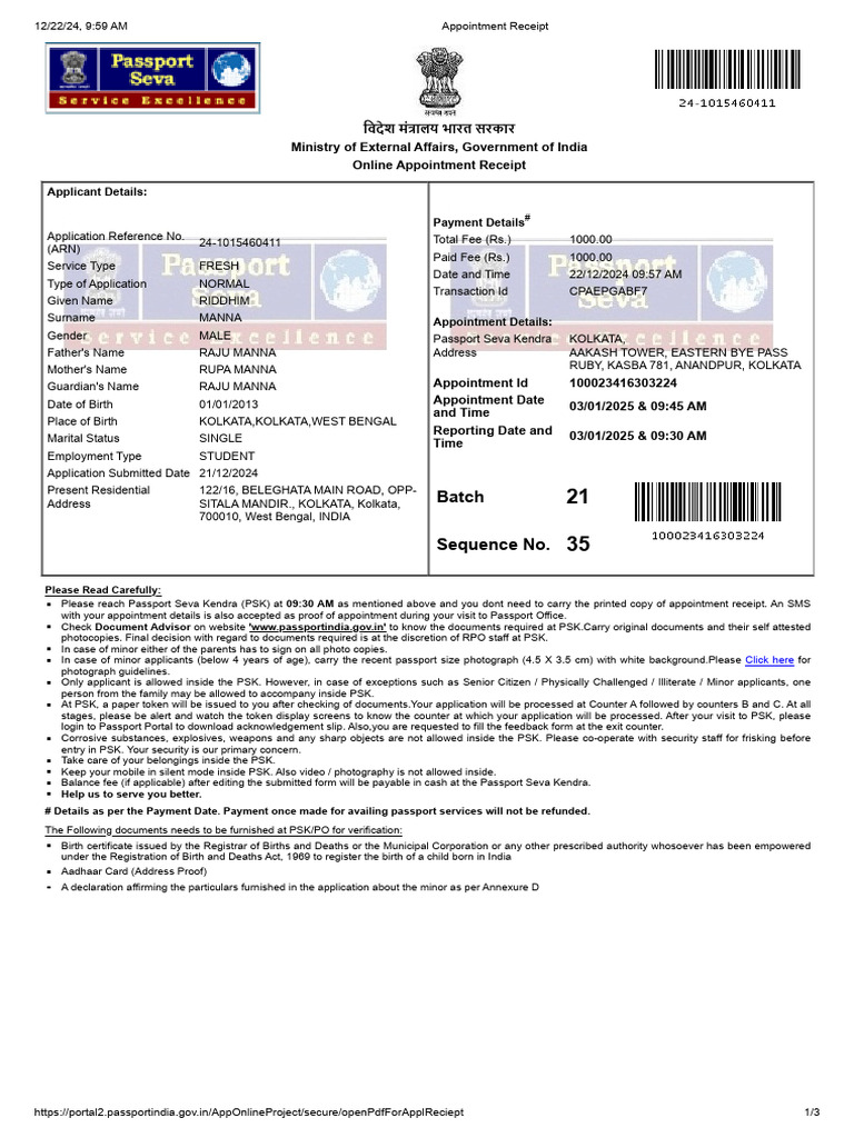 Indian Passport Appointment Receipt | PDF | Identity Document | Parent