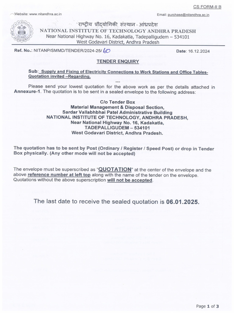 Supply and Fixing of Electricity Connections To Work Stations and ...