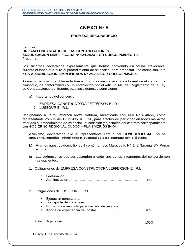 58__promesa de consorcio ANEXO N° 5 | PDF | Gobierno