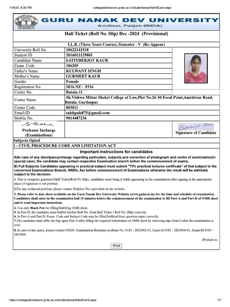 LLB Admit Card Satinder | PDF