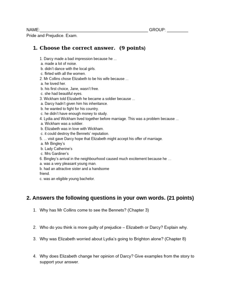 Pride and Prejudice Exam Questions | PDF