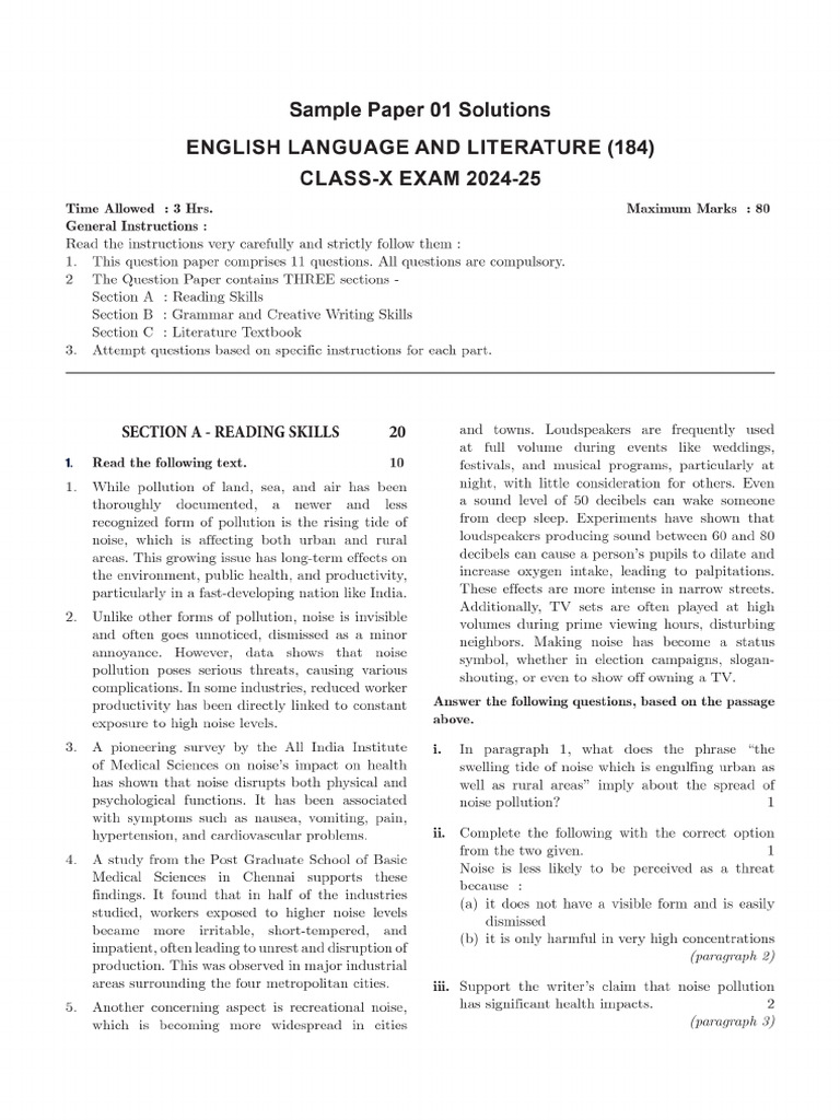 Class 10 - English Paper 01 Answers Cbjeenpl01 | PDF