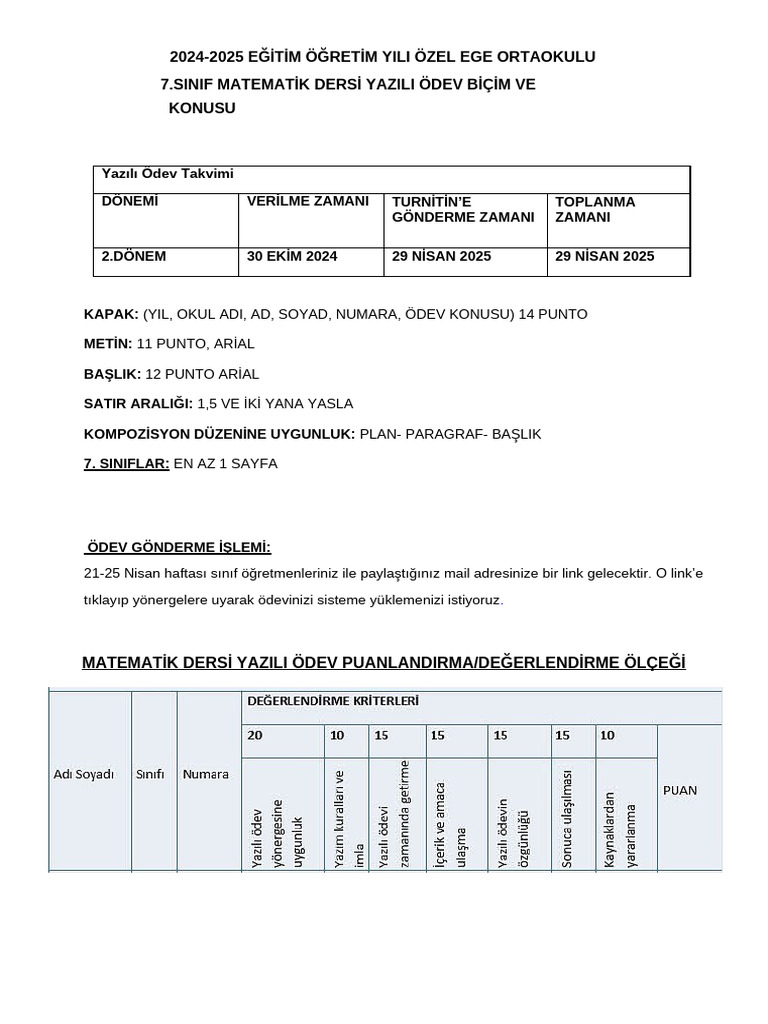 Sinif Matematik Yazili Odev (2024-2025) | PDF
