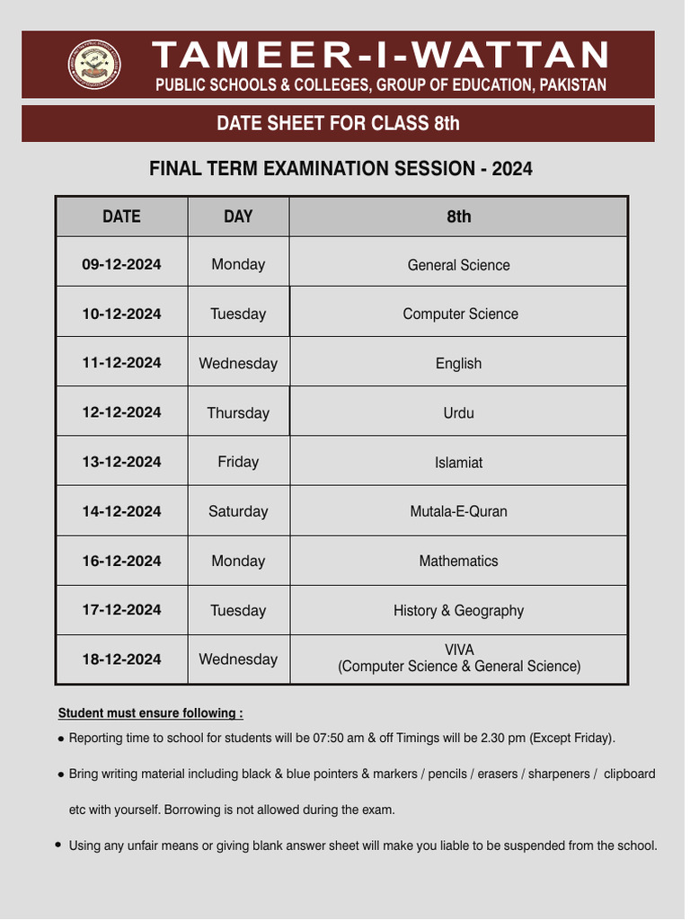 DATE SHEET FOR 8th OF FINAL TERM EXAMINATION | PDF