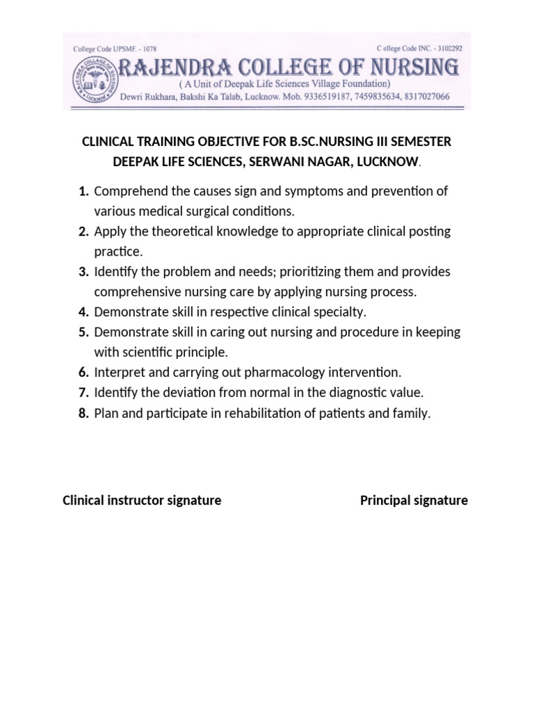 B.Sc. Nursing III Semester Training Goals | PDF