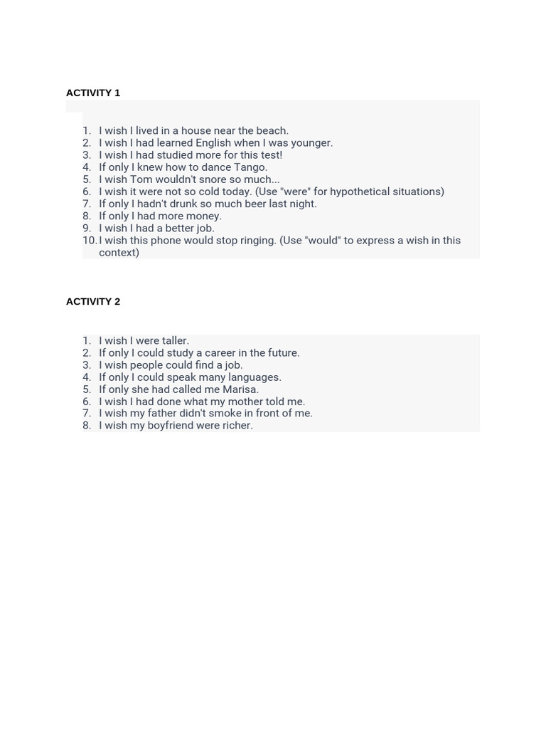 UNIT 2 GRAMMAR I Wish - If Only Rephrasing Activities 1 and 2 | PDF