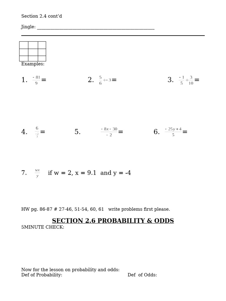 Section 2.4 &2.6divide #s, prob, odds | PDF