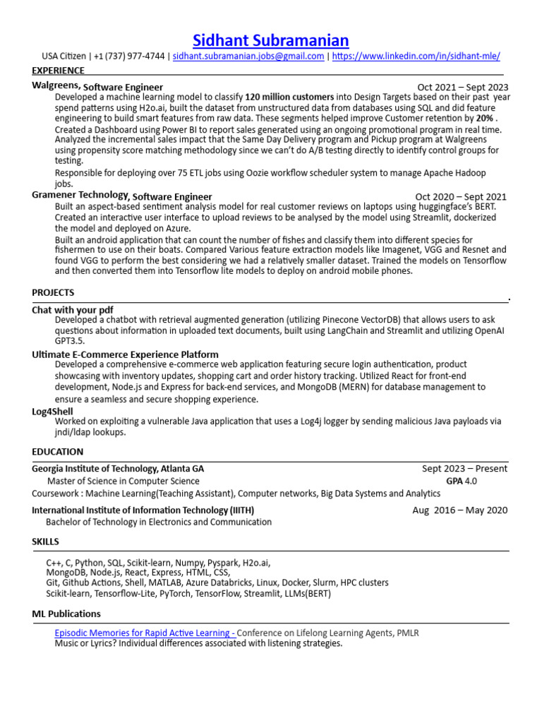Sidhant Subramanian Int Resume | PDF | Computing | Software
