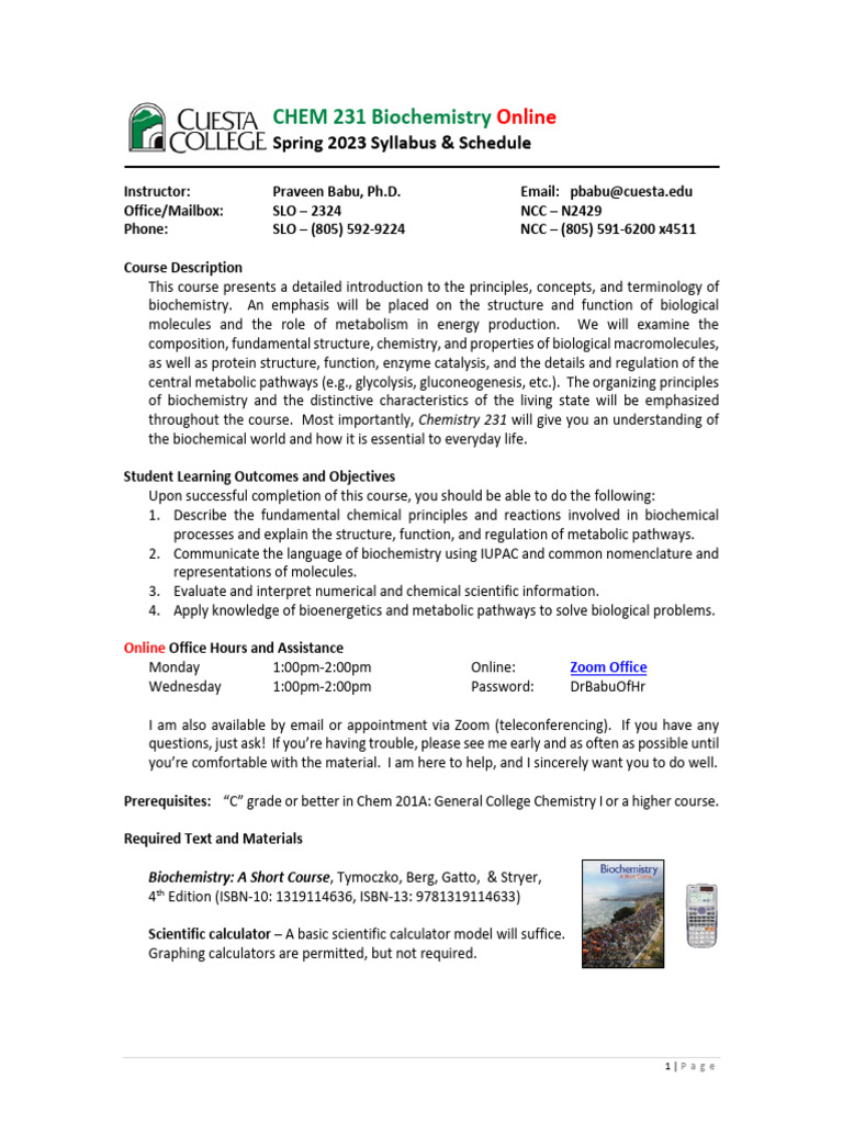 BABU Chem 231 Syllabus and Schedule Sp23 | PDF | Biochemistry | Chemistry