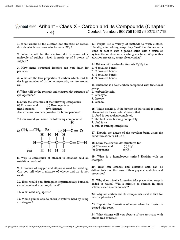Arihant - Class X - Carbon and Its Compounds (Chapter - 4) | PDF | Chemical Compounds | Chemical ...