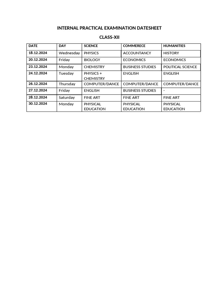 Internal Practical Examination Datesheet (1) | PDF Internal Practical Examination Datesheet (1) | PDF