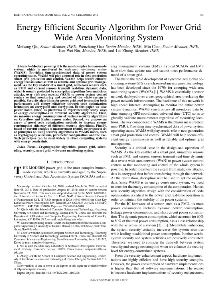 Energy Efficient Security Algorithm For Power Grid Wide Area Monitoring System | PDF | Computer ...