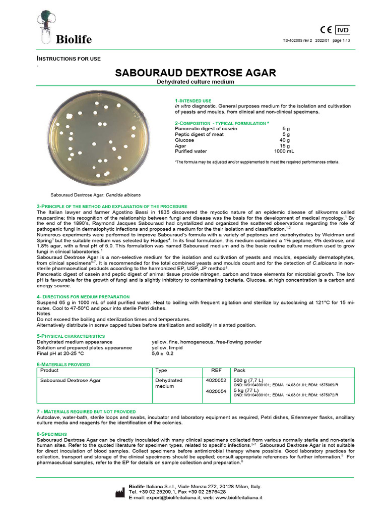Sabouraud Dextrose Agar-Biolife | PDF | Infection | Microbiology