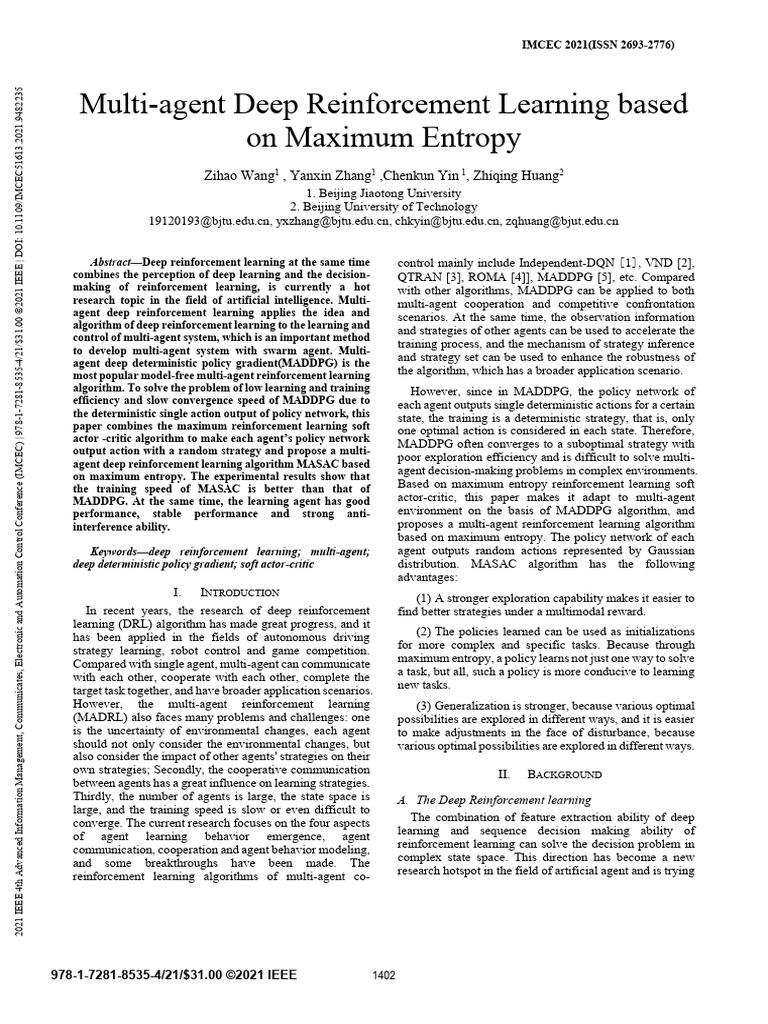 Multi Agent Deep Reinforcement Learning Based On Maximum Entropy Pdf