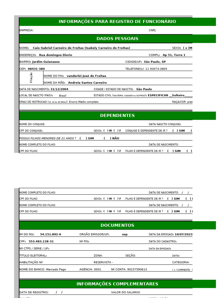 Ficha Registro Caio | PDF | Brasil