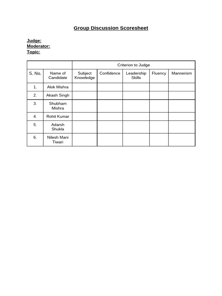 Group Discussion Evaluation Scoresheet | PDF