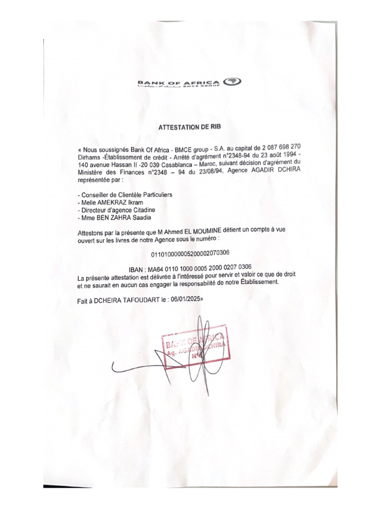 Attestation de Rib Ahmed El Mimoun | PDF