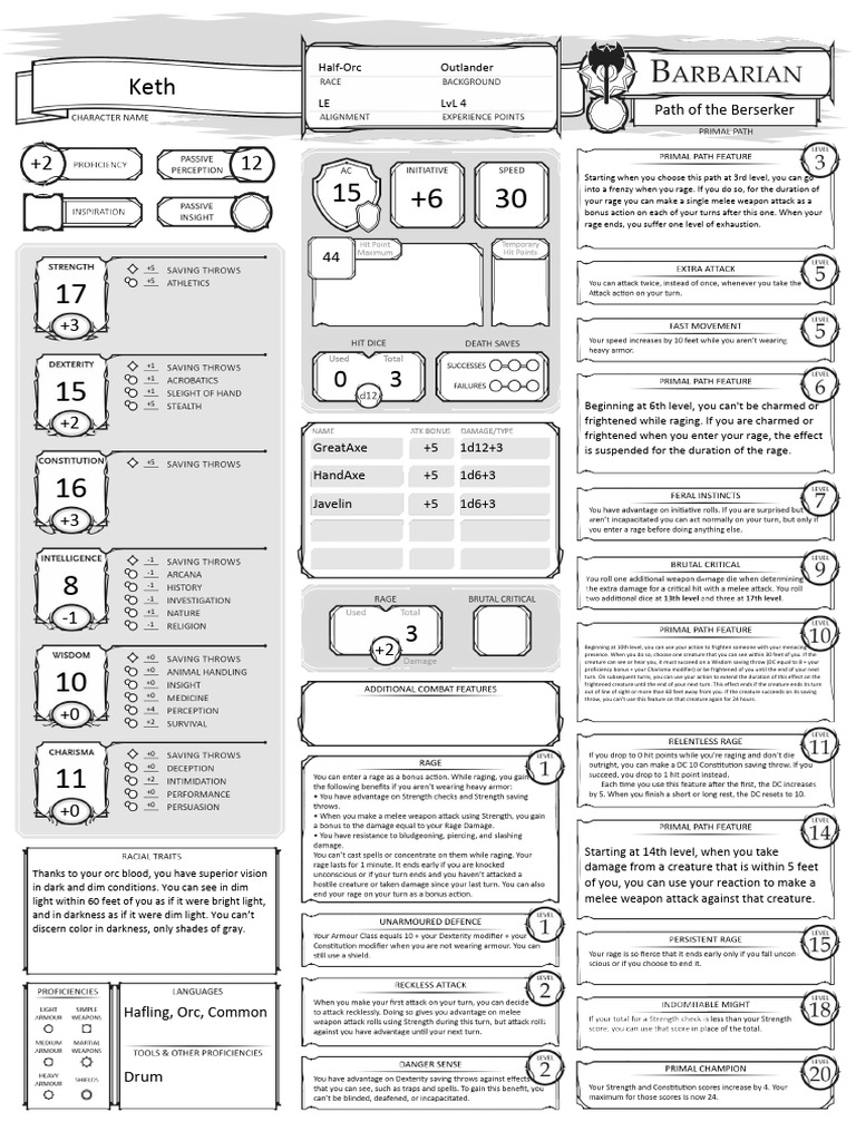 Half-Orc Berserker Character Sheet | PDF