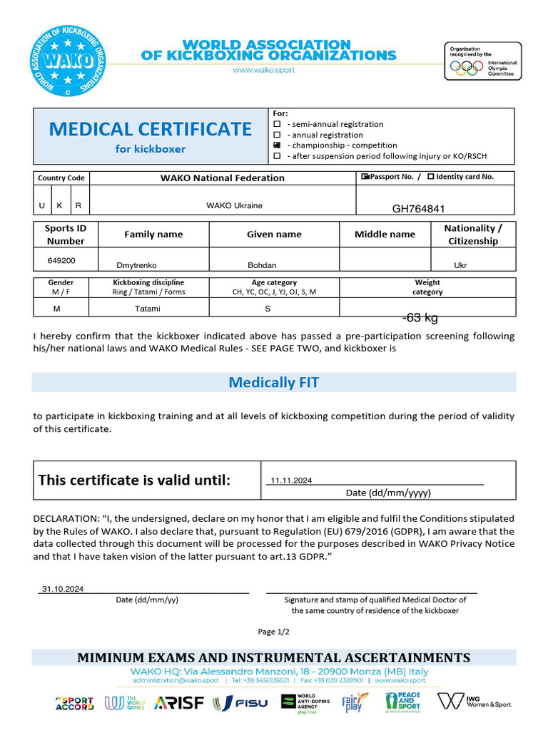 WAKO Medical Certificate Kickboxer - 2024-1 | PDF | Heart Rate ...