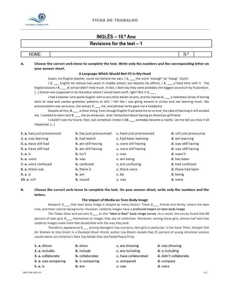 English Test Revision for 10th Grade | PDF | English Language | Adolescence