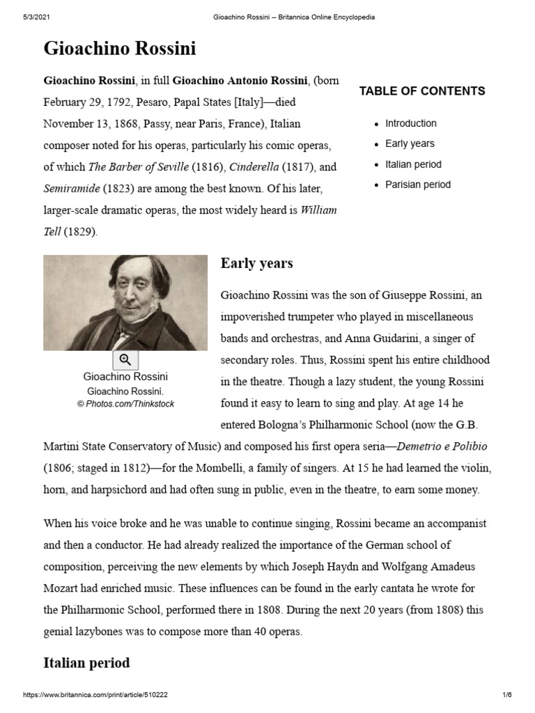 Gioachino Rossini - Britannica Online Encyclopedia | PDF | Opera | Vocal Musical Compositions