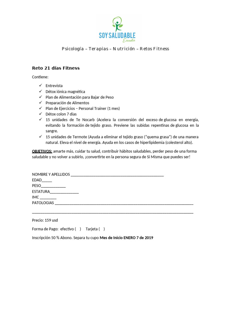 Reto 21 Días Fitness Formulario | PDF | Medicina CLINICA | Nutrición