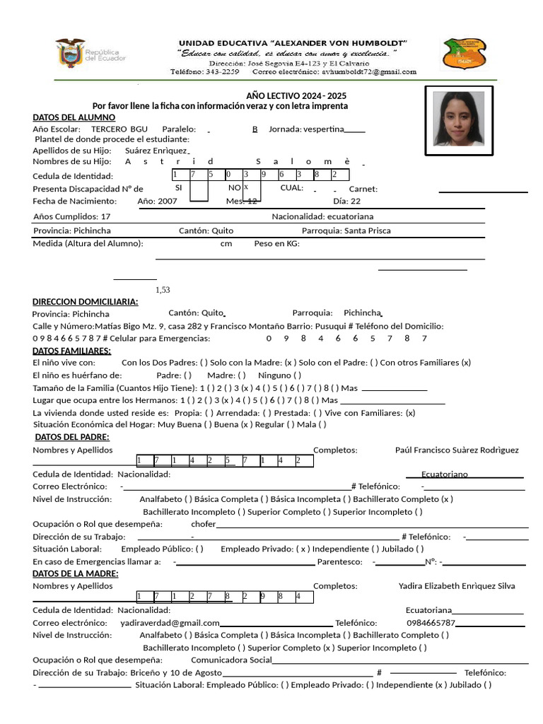 FICHA DE DATOS ESTUDIANTE 2024-2025 As | PDF